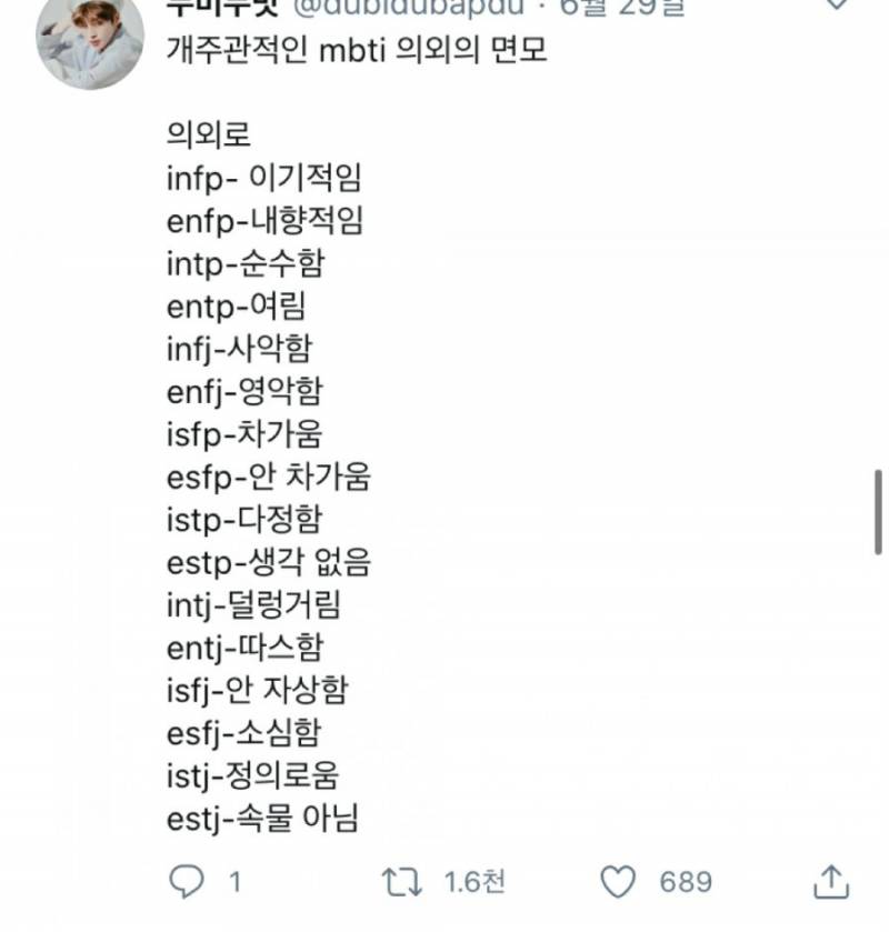 어떤 사람이 쓴 주관적인 mbti별 의외의 면모래 맞는것 같음? - 인스티즈(instiz) 익명잡담 카테고리
