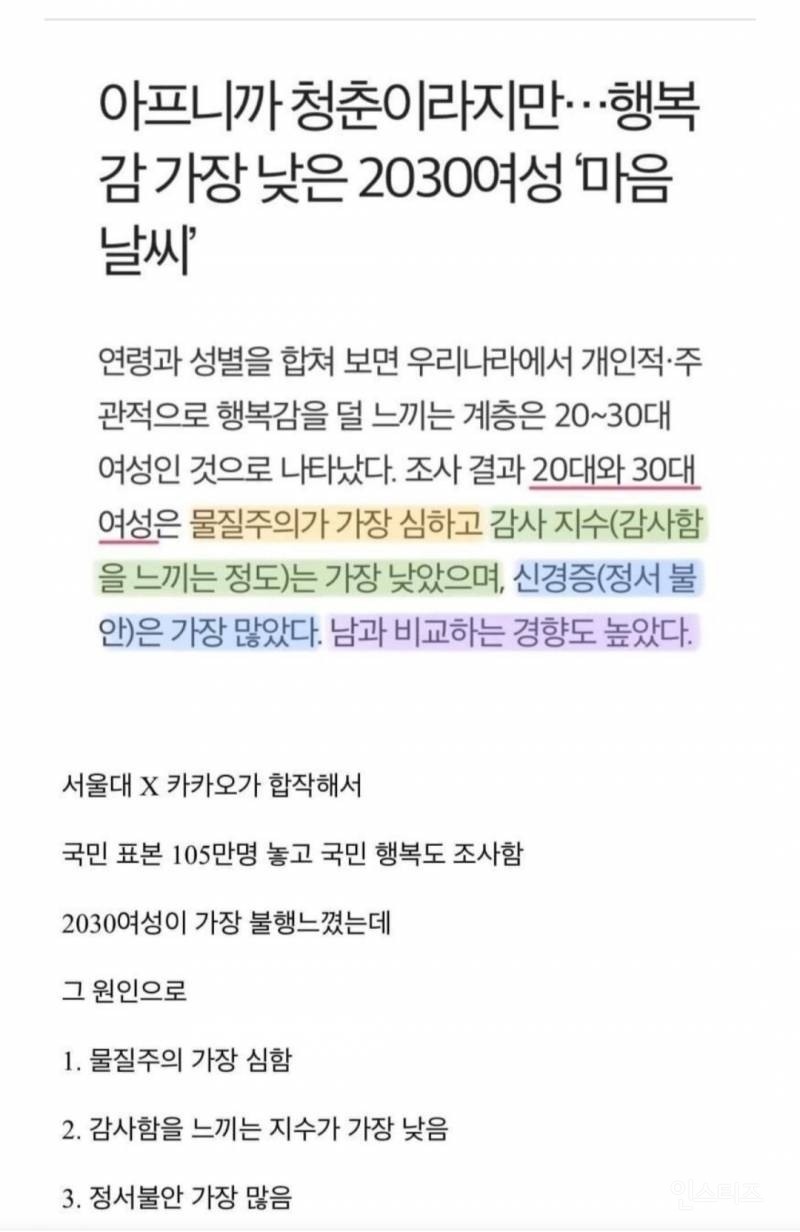 2030여성 물질주의 심하고, 감사지수 낮다 - 인스티즈(instiz) 이슈 카테고리