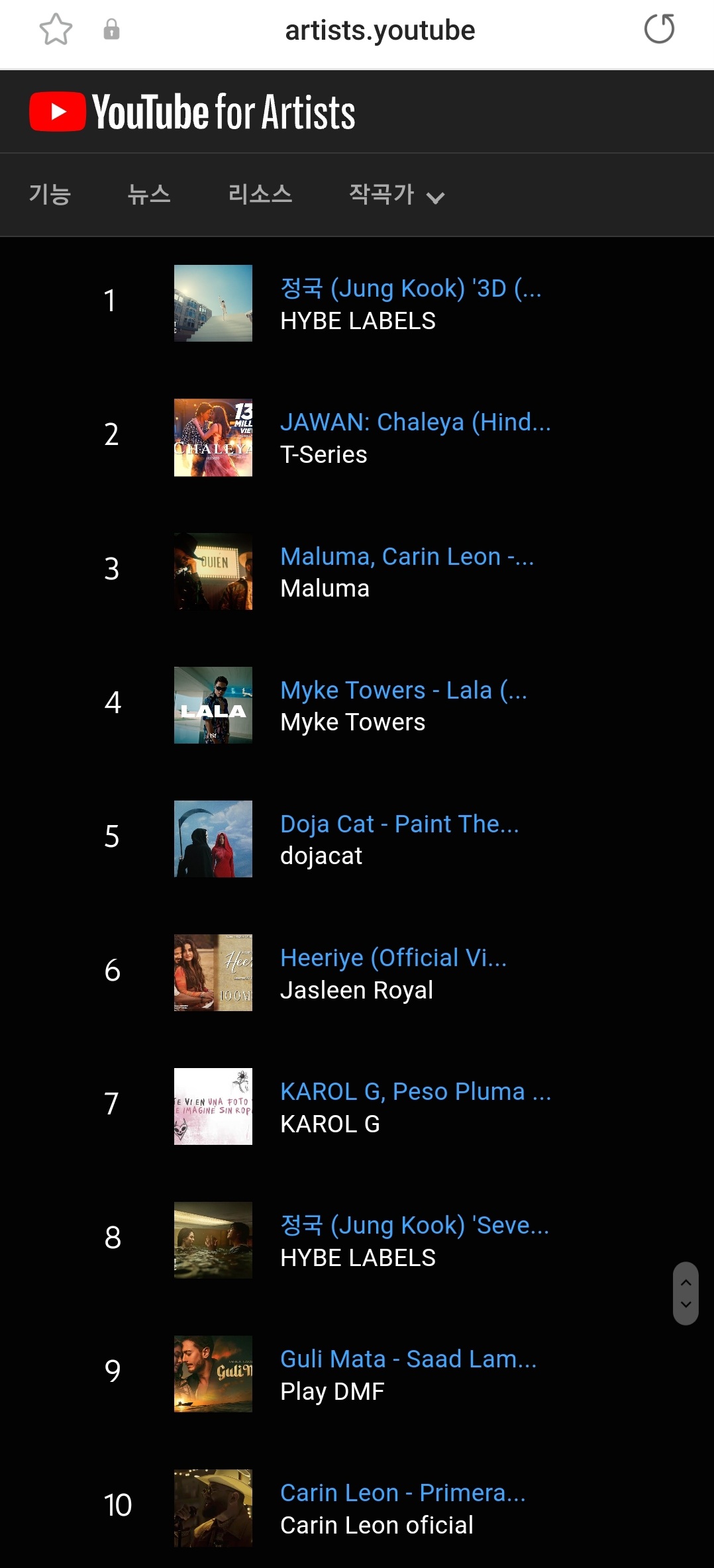 [정보/소식] 현재 한국 유튜브 뮤직 순위 Top10 - 인스티즈(instiz) 연예 카테고리