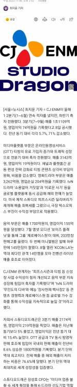 [정보/소식] CJ ENM, 3분기 흑자전환…스튜디오드래곤 수출 최대 - 인스티즈(instiz) 연예 카테고리