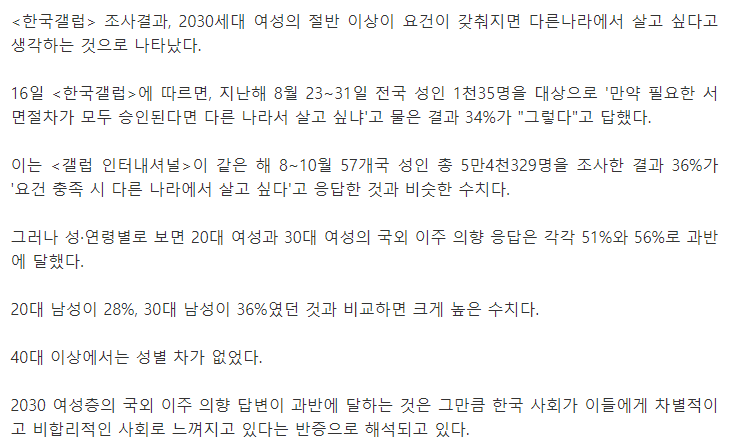 한국 2030여성 50%이상 "다른 나라서 살고 싶다" - 인스티즈(instiz) 인티포털 카테고리