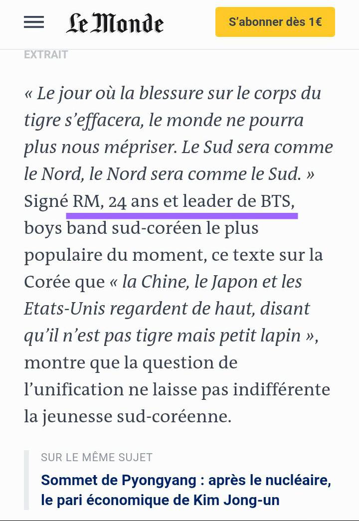 프랑스 '르몽드'지 남북회담 기사에 12년전 김남준(RM) 어린이 시 인용 - 인스티즈(instiz) 이슈 카테고리